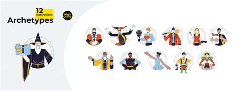 사회의 12개의 원형 라인 만화 평평한 일러스트레이션 ⁇ 트 원형 2d 선형 문자가 ⁇ 배경에 고립되어 타고난 잠재력 다양성 사람 ⁇ 터 색상 이미지 컬렉션 프리미엄 벡터