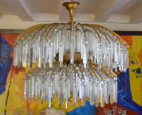 Proantic Important Lustre Art Déco Bronze Et Cristal 649 Pampilles