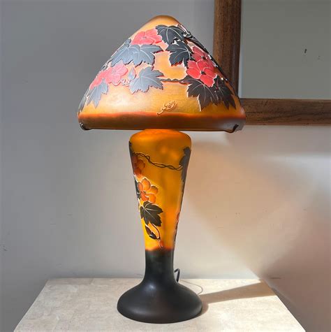 Art Nouveau Cameo Glass Table Lamp After Gallé Signed Circa 1975 For