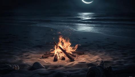 Whispering Flames Deserted Beach Campfire Moonlit Waves Premium Ai