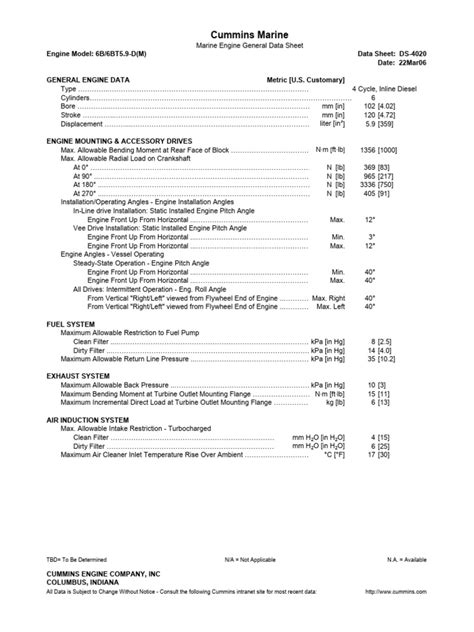 Ds4020 6bt5 9 D M Marine Engine General Data Sheet Pdf Engines Rotating Machines