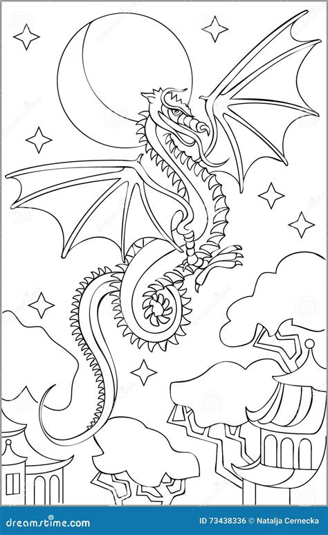Pagina Con Il Disegno In Bianco E Nero Del Drago Per Colorare Illustrazione Vettoriale