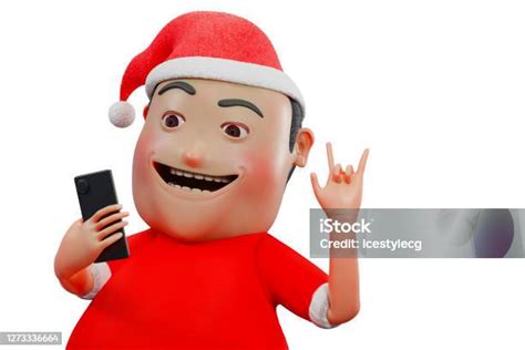산타 의상을 입은 뚱뚱한 남자의 만화 캐릭터를 렌더링하는 3d 렌더링은 클립 경로와 흰색 배경에 고립 된 사랑의 손 표지판비디오 통화를 사용하는 동안 3차원 형태에 대한