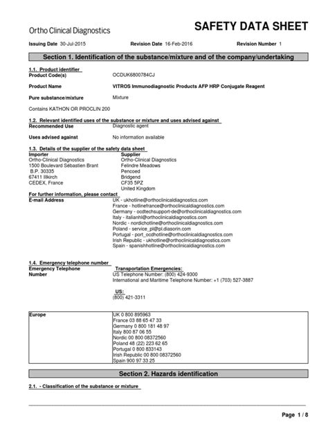 Vitros Afp Hrp Reagent Safety Data Pdf Toxicity Personal Protective Equipment