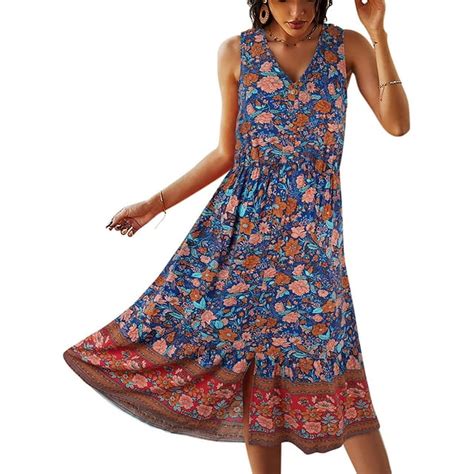 Shibever Women Sleeveless Dress Summer Floral Bohemian V Neck Button