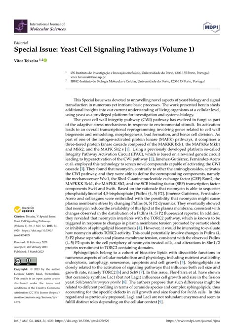 Pdf Special Issue Yeast Cell Signaling Pathways Volume 1