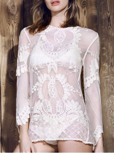 Long Sleeve Sheer Lace Cover Up Off White Beach Dresses One Size Fit