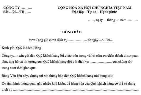 Mẫu Thông Báo Tăng Giá Hàng Hóa Dịch Vụ Mới Nhất