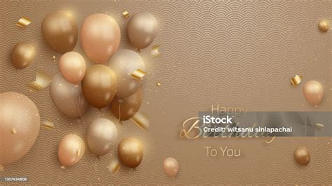 고급 풍선과 리본 생일 축하 카드 3d 사실적인 스타일 금 금속에 대한 스톡 벡터 아트 및 기타 이미지 금 금속 금색 생일 Istock