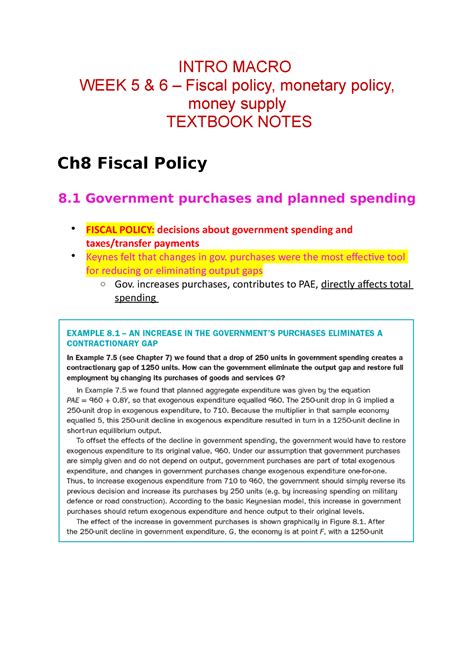 Intro Macro Week 5 6 Fiscal And Monetary Policy And Money Supply