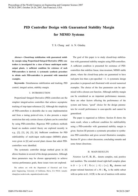 PDF PID Controller Design With Guaranteed Stability Margin For MIMO Systems