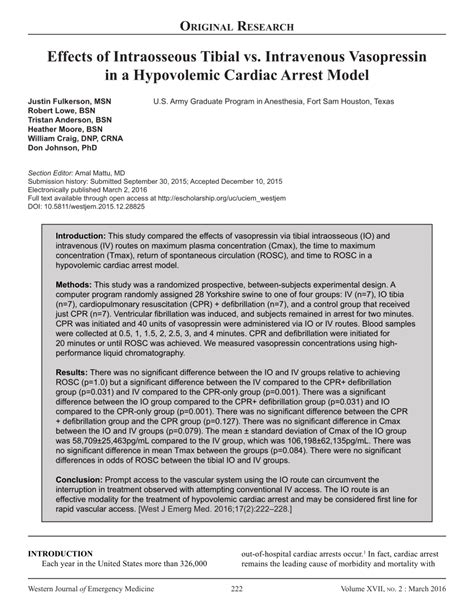 Pdf Effects Of Intraosseous Tibial Vs Intravenous Vasopressin In A Hypovolemic Cardiac Arrest