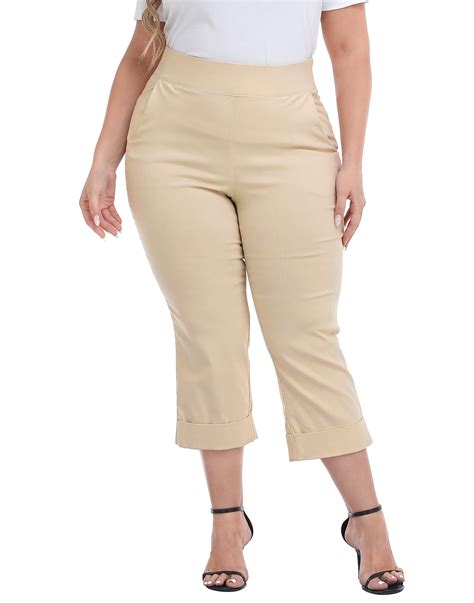 Hde Womens Plus Size Pull On Capris With Pockets Cropped Pants Khaki