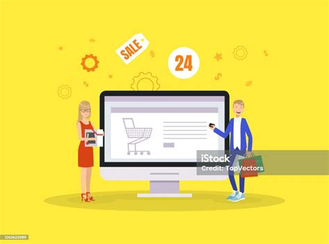 온라인 쇼핑 온라인 스토어에서 계절세 판매에 참여하는 사람들 구매 벡터 일러스트레이션을 들고 서있는 젊은 남녀 고객에 대한 스톡 벡터 아트 및 기타 이미지 Istock
