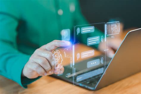 사용자 남성은 기술 스마트 로봇 Ai를 사용합니다 인공지능은 무언가를 생성하기 위한 프롬프트를 입력하고 미래형 기술 변모를 합니다 Ai 인공 지능과의 챗봇 채팅 Ai