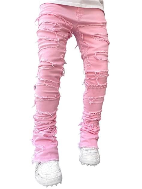 Wassery Men S Straight Leg Jeans Stacked Denim Jeans Ripped Distressed