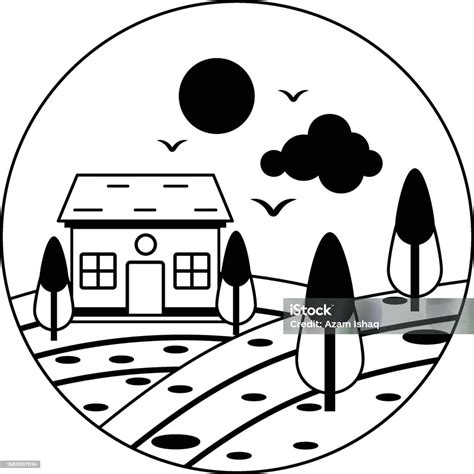 헛간 집 개념 시골 풍경 햇볕이 잘 드는 시골 벡터 아이콘 디자인 원형 표지판의 자연 풍경 그림 같은 상징 시골 지형 스톡 일러스트레이션 건강한 식생활에 대한 스톡 벡터