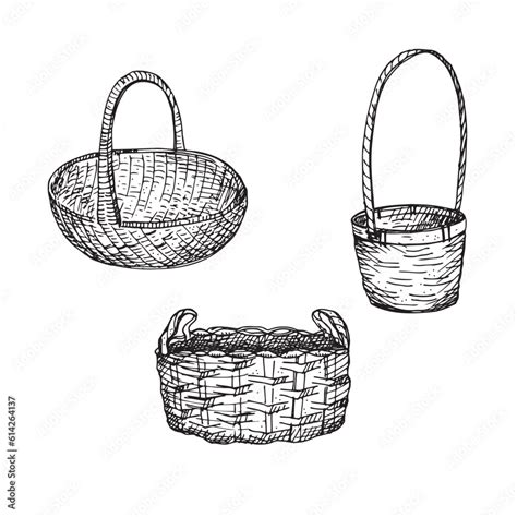 Straw Craft Baskets Empty Containers Hand Drawn Set Black And White