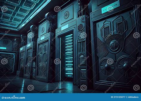 Futuristic Library Data Center With Automated Security Systems And