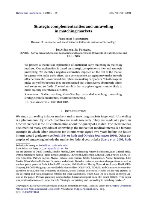 Pdf Strategic Complementarities And Unraveling In Matching Markets