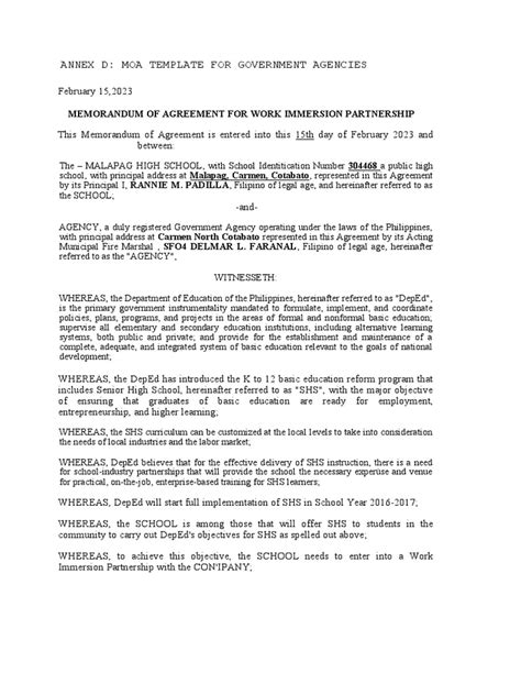 Annex D Moa Template For Government Agencies Memorandum Of Agreement