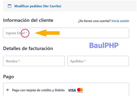 Cómo eliminar el asterisco de Email en pago de WooCommerce BaulPHP