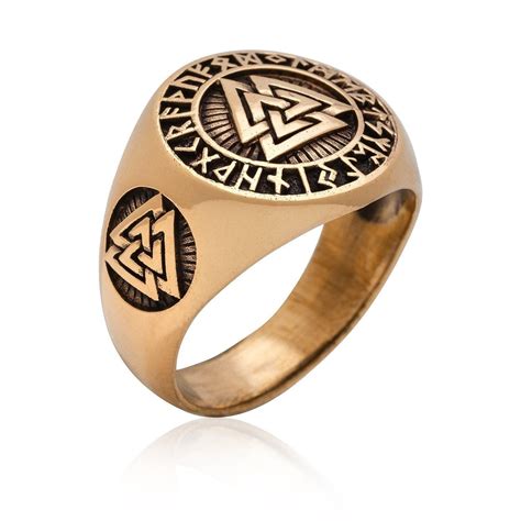 Bronze Valknut And Runes Signet Ring Norse Spirit