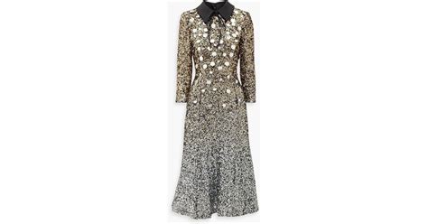 Badgley Mischka Satin Trimmed Sequined Tulle Midi Dress In Metallic Lyst