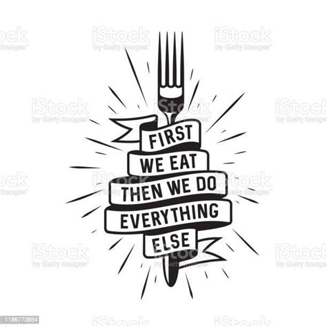 먼저 우리는 타이포그래피 주방 포스터를 먹는다 벡터 빈티지 일러스트레이션입니다 음식에 대한 스톡 벡터 아트 및 기타 이미지 음식 인용 문자 1위 Istock