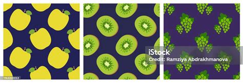 사과 키 위 포도 과일 완벽 한 패턴 세트입니다 패션 디자인입니다 옷 리넨 또는 커튼을 위한 음식 인쇄 손으로 그린 된 벡터