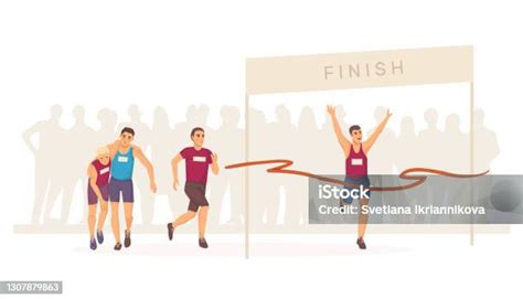 마라톤 마무리 홈 스트레칭에 그룹 단거리 스포츠맨 주자 리본 브레이커 우승자와 피곤 한 운동 선수 조깅하는 사람 우승자 크로스