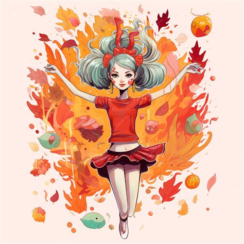 Premium Photo Anime Girl With Blue Hair And Red Dress Jumping In The