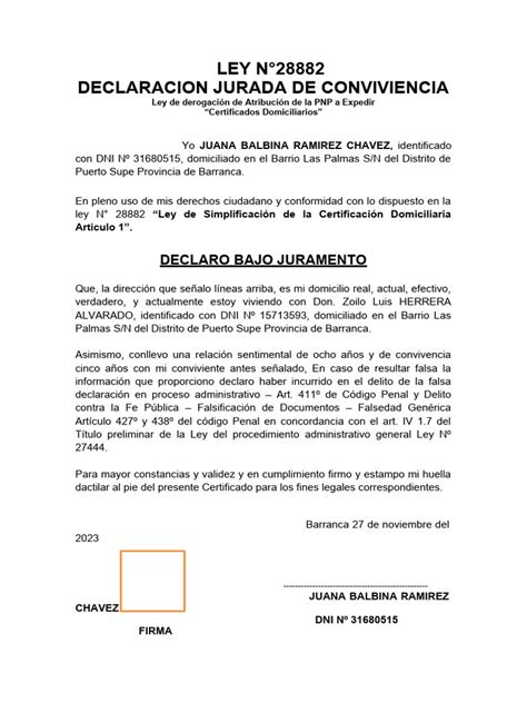 Declaracion Jurada De Convivencia Casimiro Pdf Justicia Crimen Y