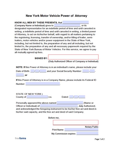 New York Motor Vehicle Power Of Attorney Form
