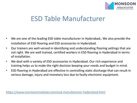 Ppt Esd Table Manufacturer Bangalore Esd Flooring Esd Accessories Powerpoint Presentation Id