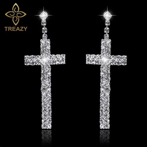 Treazy Bridal Crystal Cross Shape Long Earrings Sparkly Silver Color