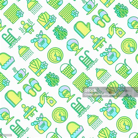 얇은 선 아이콘 스파 사우나 원활한 패턴 마사지 오일 수건 스팀 룸 샤워 비누 양동이 국자 습도 수영 풀 허브 차 자작나무 털 현대 벡터 일러스트입니다 건강관리와 의술에