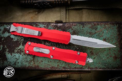 Microtech Dirac Otf Automatic Knife Red 30 Dagger Stonewash Serrated