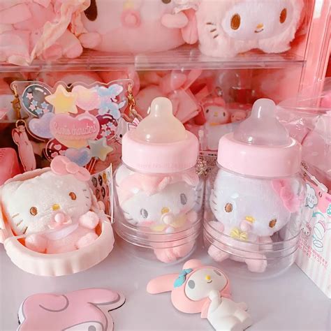 Sanrio 귀여운 젖병 아기 시나모롤 부드러운 플러시 키 체인 멜로디 만화 플러시 열쇠 고리 쿠로미 행요돈 펜던트 완구 AliExpress