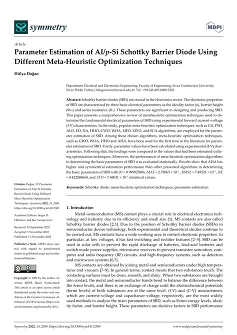 pdf parameter estimation of ai p si schottky barrier diode using different meta heuristic