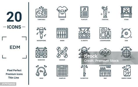 Edm 선형 아이콘 집합입니다 얇은 라인 턴테이블 마이크 붐 박스 헤드 에너지 드링크 Dj 부스 보고서 프리젠 테이션 다이어그램 웹 디자인 용 디스코 볼 아이콘 포함 0명에