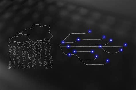 cloud with binary code rain next to internet connection lines and nodes
