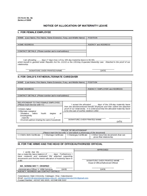 4 Notice Of Allocation Of Maternity Leave Cs No Doc Template Pdffiller