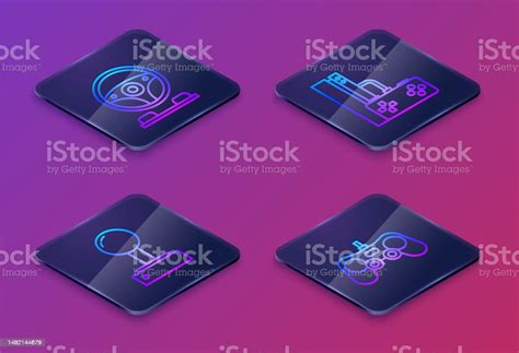 아이소메트릭 라인 레이싱 시뮬레이터 조종석 아케이드 기계용 조이스틱 조이스틱 및 게임 패드가 있는 게임 콘솔을 설정합니다 파란색 사각형 버튼입니다 벡터 3차원 형태에 대한