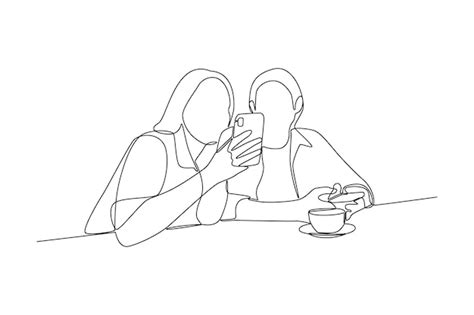Dibujo De Línea Continua Simple De Una Pareja Tomando Selfies Mientras