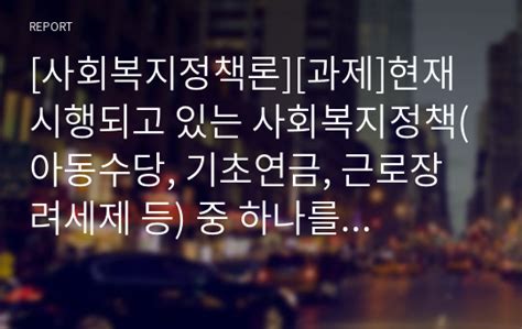 사회복지정책론 과제 현재 시행되고 있는 사회복지정책아동수당 기초연금 근로장려세제 등 중 하나를 예시로 들어 그