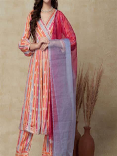 Buy Fashor Red Ethnic Motifs Printed Mirror Work Pleated A Line Kurta