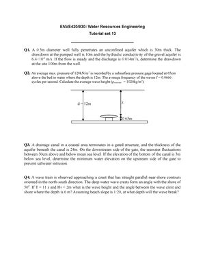 Week 10 Tutorial Q Water Resource Engineering ENVE420 930 Water