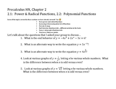 Notes In Class Work Precalculus HN Chapter Power Radical Functions Polynomial