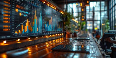 modern office with large digital screens displaying data charts and a